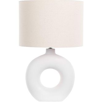 Beliani Lampe &agrave; Poser en C&eacute;ramique Blanche Base Anneau Lumi&egrave;re Ambiante Abat-Jour Lin Venta