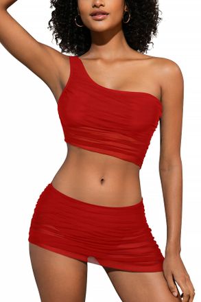SHEKINI Damen Asymmetrische Bikini Sets Eine Schulter R&uuml;schen Mesh Mid Rise Rock Bottoms Zweiteiliger Badeanzug