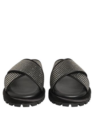 Dolce & Gabbana Mens Black Strass Criss Cross Slide Sandals Shoes Leather