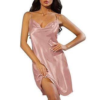 Generic Chemise de nuit sexy en satin pour femme - Robe de soir&eacute;e courte en soie - Mini robe d&eacute;t&eacute; - Chemise de nuit - Robe d&eacute;bardeur - Sous-robe - Pyjama - Nu