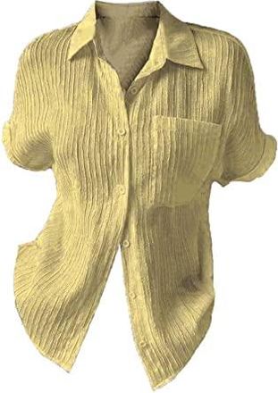 Generic Chemise blanche boutonn&eacute;e en gaze pour femme - Tendance - &Eacute;t&eacute; - Ray&eacute; - Manches courtes - Col en lin - 2025 - Confortable - Printemps - Tunique en coto