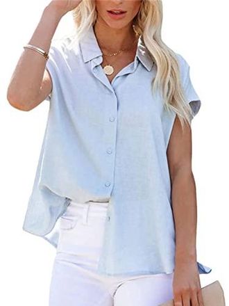 TOMWELL Femme Chemisier Tops Col en V Couleur Unie Chemisier Bouton D&eacute;contract&eacute; &agrave; Manches Courtes pour Femmes Casual L&acirc;che Blouse Chemise Elegant Shirt Hauts 