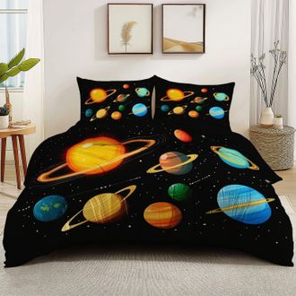 Generic Bettbezug Atmungsaktiv Mikrofaser Cartoon-Weltraum Planeten Thema, Kind Erwachsene Bettw&auml;sche 3-Teiliges 180 x 200 cm mit Rei&szlig;verschluss und 2 Kissenb
