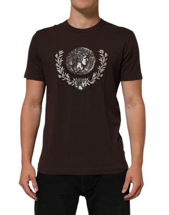 Dolce & Gabbana Brown Coin Laurel Print Men Crew Neck T-Shirt Cotton