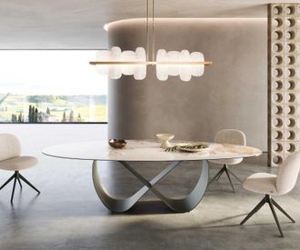 DELIFE Esstisch Edge Oval 280x130 Keramik Minas Melange Wei&szlig;-Beige Infinity Metall Effektfinish Titan, Esstische