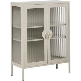 Beliani Armoire Industrielle en M&eacute;tal avec Portes en Verre Cannel&eacute; Etag&egrave;res Meuble de Rangement Beige Clair Gleora
