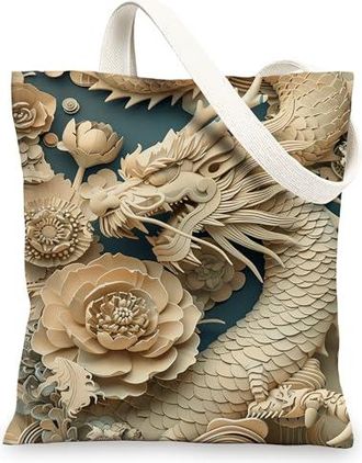 Generic Sacs fourre-tout en toile motif dragon, sacs à provisions réutilisables, sacs de courses vintage légers et lavables avec bandoulière, beige, 13x15 Inc