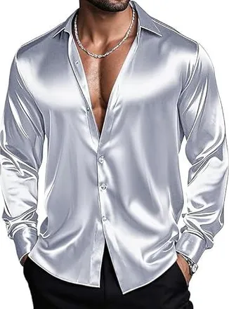 Barry.Wang Chemise à manches longues pour homme - Extensible - Solide - Boutonnée - En satin - Formelle - Décontractée - Affaires - Mariage, Gris argenté satiné,