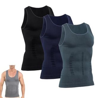 Generic Lot de 3 chemises de compression pour homme - Contr&ocirc;le du ventre - D&eacute;bardeur amincissant, Noir/bleu/gris, 3XL
