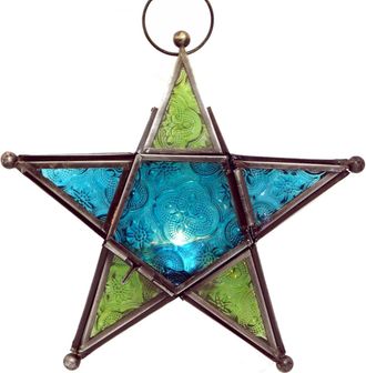 Guru Shop Orientalischer Glas Stern in Marrokanischem Design, Glas Laterne, Windlicht, Gr&uuml;n/t&uuml;rkis