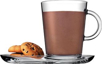 Pasabahce Set à 2 Tassen mit Untertasse, 38,5 cl, aus Glas, transparent