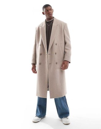 River Island Zweireihiger Mantel in Sand-Neutral