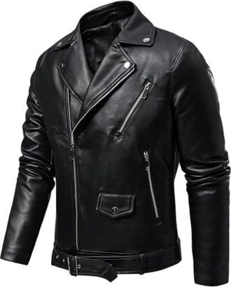 TONY BACKER Veste en cuir pour homme, blouson de motard en similicuir avec ceinture, polyvalente, fermeture &eacute;clair en m&eacute;tal et poche int&eacute;rieure