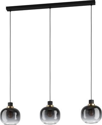 Eglo H&auml;ngelampe Oilella, 3-flammige Pendelleuchte Rauchglas &uuml;ber Esstisch, Deckenlampe h&auml;ngend aus Metall mit Glas-Kugel in Schwarz-Grau mit Messing, Kugel