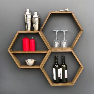 Hanah Home Handmade Rustic Wall Shelf Set (3 Pieces), Walnut Color, 37 x 37 x 10 cm | 100% Spruce Wood | Perfect for Traditional Home Decor & Storage