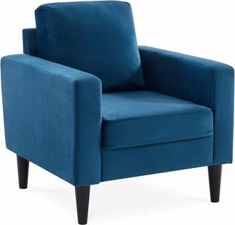 Sweeek Fauteuil scandinave en velours bleu - Bjorn - Canapé 1 place fixe droit pieds bois