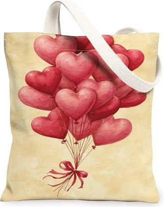 Generic Sacs fourre-tout en toile avec motif coeur et ballons sur le th&egrave;me de lamour, l&eacute;gers et lavables avec bandouli&egrave;re pour le shopping, B, Rouge, 13x15 In