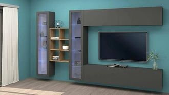 Dmora Ausgestattete Wand Demetrio, 4-türiges TV-Ständer-Wohnzimmerset, Mehrzweck-Wohnzimmermöbel, 100% Made in Italy, 280 x 30 x 180 cm, Anthrazit und Ahorn