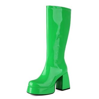 Generic Qynthra Bottes Plateforme Femmes Retro Cuir Verni Genou Talon Bloc Zip Cote Go Go Style Scène Performance Soirées Fête,Vert,34 EU