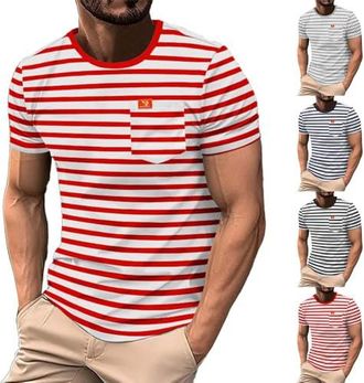 Generic Chemises dété à Rayures pour Hommes, t-Shirts à Manches Courtes avec Poche, t-Shirts Basiques Classiques, Tendance, col Rond, Hauts 2025, Chemises ray