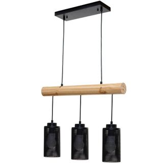 Hhg Pendelleuchte HHG 207, H&auml;ngelampe H&auml;ngeleuchte, Industrial Vintage Massiv-Holz Metall schwarz 3 Rohrlampenschirme