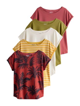 Next Damen 5er-Pack T-Shirts mit Fl&uuml;gel&auml;rmeln Pink/Green/White/Yellow Stripe/Palm Print XS