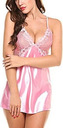 ORANDESIGNE Lingerie Dentelle Femmes Sexy Bowknot Mini Robe Chemise Nuisette Babydoll Robe de Nuit String Ensemble sous-Vêtements C Rose 40