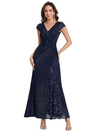 Ever-pretty Robe de Soir&eacute;e Chic Encolure en V Manches Courtes Tricot Maxi Robe Fourreau Bleu Marine 42