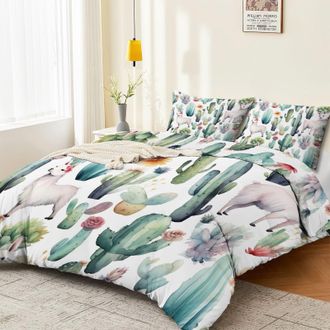 Generic Winter Bettw&auml;sche Alpaka Kaktus Gr&uuml;n 2 teilig Warm Flauschige 135 x 200 cm Mikrofaser Bettw&auml;sche Doppelseitig Atmungsaktive Weiche Bequemer Bettbezug 