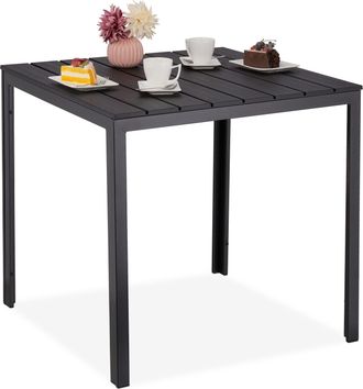 Relaxdays Gartentisch, HxBxT: 74x78x78 cm, Balkontisch Holzoptik, Kunststoff, Stahl, Terrassentisch quadratisch, schwarz