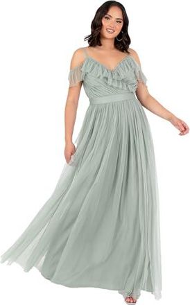 Anaya with Love Womens Maxi Dress Ladies Sleeveless V-Neck Cold Shoulder Tulle Sash Tie Belt A-Line Bridesmaid Wedding Guest Ball Gown, Vert givré 52