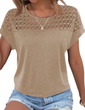 Zeagoo T-shirt d&eacute;t&eacute; en dentelle pour femme - Col rond - Basique - Manches courtes - &Eacute;l&eacute;gant pour femme, kaki, XXL