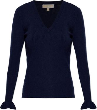 Michael Kors Femme, Pulls, Bleu, Taille: 36 FR Pull en maille c&ocirc;tel&eacute;e avec col en V en m&eacute;lange de laine