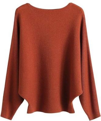Generic Pull l&eacute;ger surdimensionn&eacute; &agrave; col bateau pour femme avec manches chauve-souris Dolman en tricot c&ocirc;tel&eacute; tendance, caramel, Taille unique