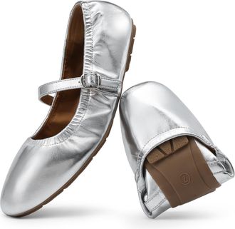 Dream Pairs Damen Ballerinas faltbar Mary Jane Schuhe Trachtenschuhe bequem weich D&auml;mpfung f&uuml;r Partys Reisen den Alltag,Size 40.5,Silber,DWUMFA2534