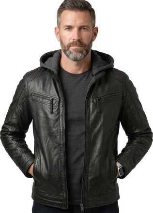 Jilani Lederjacke Caracas Jilani - Herren Lederjacke Kapuze Lammnappa schwarz