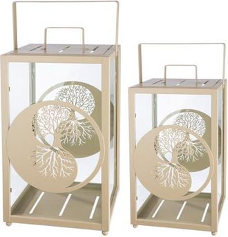 Gilde 2er Set Laterne Balance aus Glas und Metall - H&ouml;he 48cm x Breite 25cm - rechteckig - matt beige - Baummotiv - Yin & Yang
