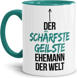 Tassendruck Tasse mit Spruch - Du bist der schärfste, geilste Ehemann der Welt - Geschenkidee für tolle Männer, Innen & Henkel Türkis, 300 ml