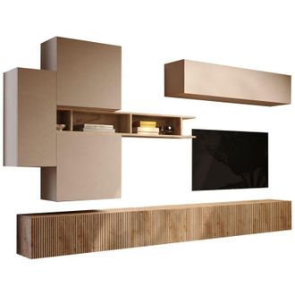 Dmora Wohnwand Calascio, Modularer Wohnzimmer Schrank, ein Regal Made in Italy, Komposition Set, Birnbaum Braun