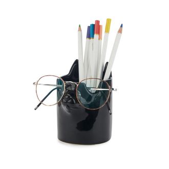 Balvi Stifte- & Brillenhalter Nosy Buddy Cat Schwarz Farbe 2-in-1-Organizer, handbemalt Keramik