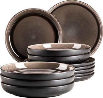 Mäser 934021, Serie Niara, Modernes Teller Set für 6 Personen in aufregendem Vintage Look, 12-teiliges Tafelservice aus Keramik in Grau und Schwarz, Steinze