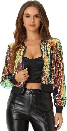 Allegra K Blouson à Paillettes Femmes Veste à Sequin à Manches Longues Bomber Aviateur Zippé Brillante pour Soirée et Disco Orange Brillant S