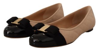 Ferragamo Womens Beige And Black Nappa Leather Ballet Flat Shoes