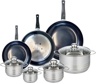 Fackelmann ELO 9752250 Batterie de cuisine 7 pièces, Ensemble de 3 Poêles de cuisson 24, 28 et 32 cm et 4 faitouts 12, 14, 16 et 24 cm Elo Prima Brillant, inox, 