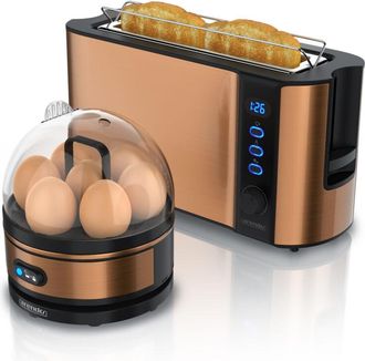 Arendo Set Toaster frukost mit Eierkocher sevencook Edelstahl Kupfer, Toaster 2 Scheiben, LED-Display, 6 Br&auml;unungsgrade, Br&ouml;tchenhalter - Eierkocher - Arendo