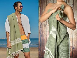 Happy Towels Hamamtuch 2-Stück Packung | Badetuch | Saunatuch | Extra Lang & Weich Gewebt | 210 cm x 95 cm | 60% Tencel Lyocell und 40% Baumwolle | Fairtrade (Oliv