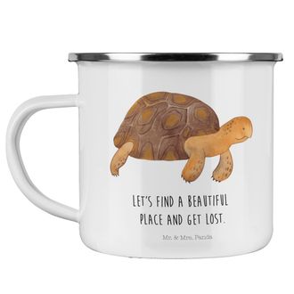Mr. & Mrs. Panda Camping Emaille Tasse Schildkr&ouml;te Marschieren - Geschenk, Tasse Camping, Urlaub, Camping Tassen Emaille, Meer, Inspiration