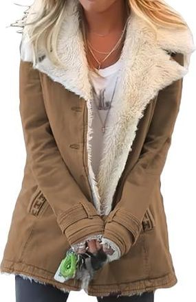 Generic Veste chaude doubl&eacute;e en peluche avec col &agrave; revers pour femme, manteau dhiver chaud en fausse fourrure boutonn&eacute;e en polaire, kaki, 5XL