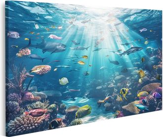 Islandburner Bild auf Leinwand Unterwasserwelt mit Sonnenstrahlen und vielfältigen Fischen für Wohnzimmer Naturfreunde Wellness-Center Bilder Wandbilder Poster