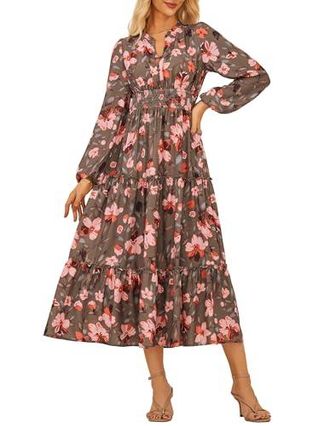 Grace Karin Robe longue &eacute;l&eacute;gante pour femme - Manches longues - Col en V - A ligne - Robe florale avec taille smock&eacute;e, XL